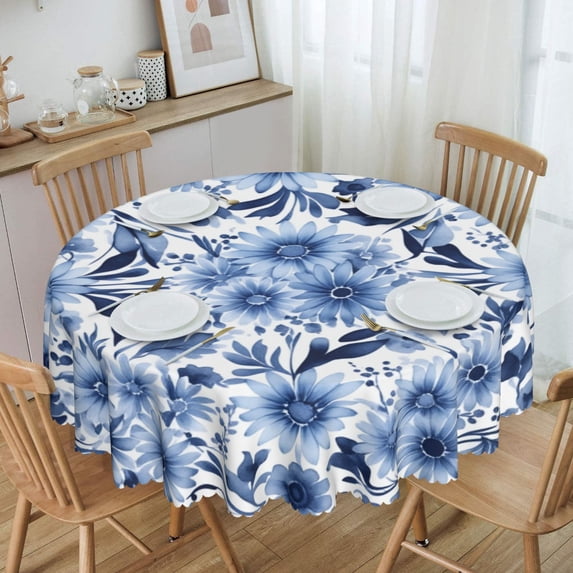 Blue Watercolor Daisy Circle Round Tablecloth Waterproof Oil-Proof ...