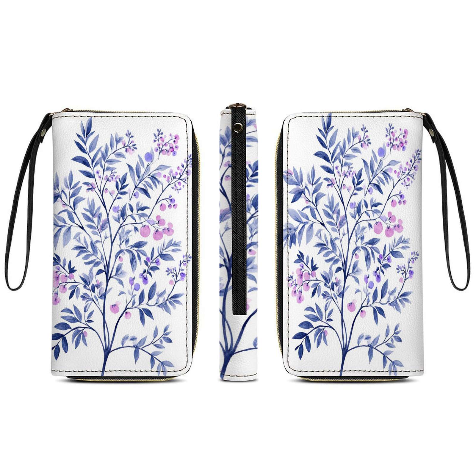 Blue Watercolor Floral Branch Long Wallets For Women PU Leather Purse ...