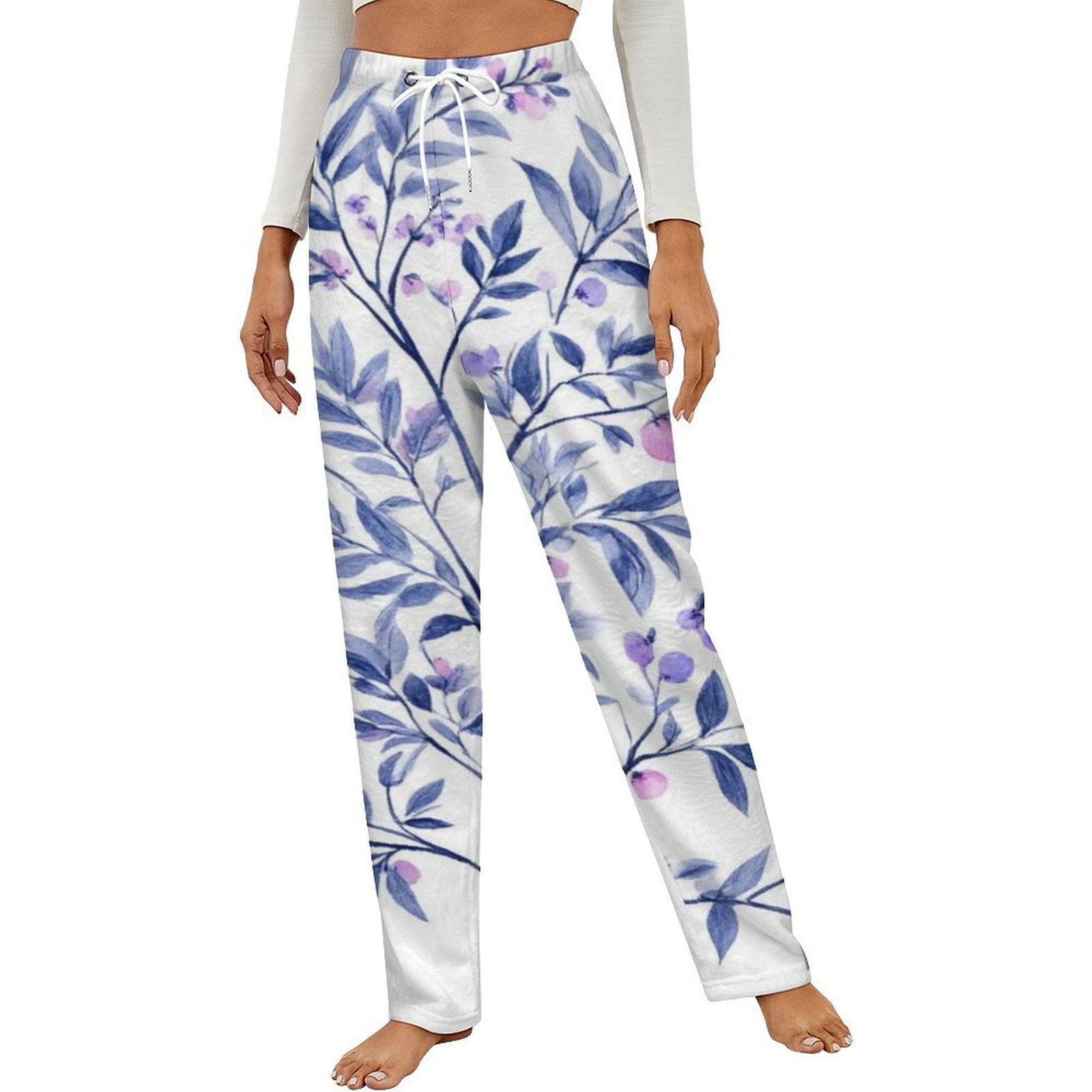 Blue Watercolor Floral Branch Winter Female Pants Flannel High Waist ...