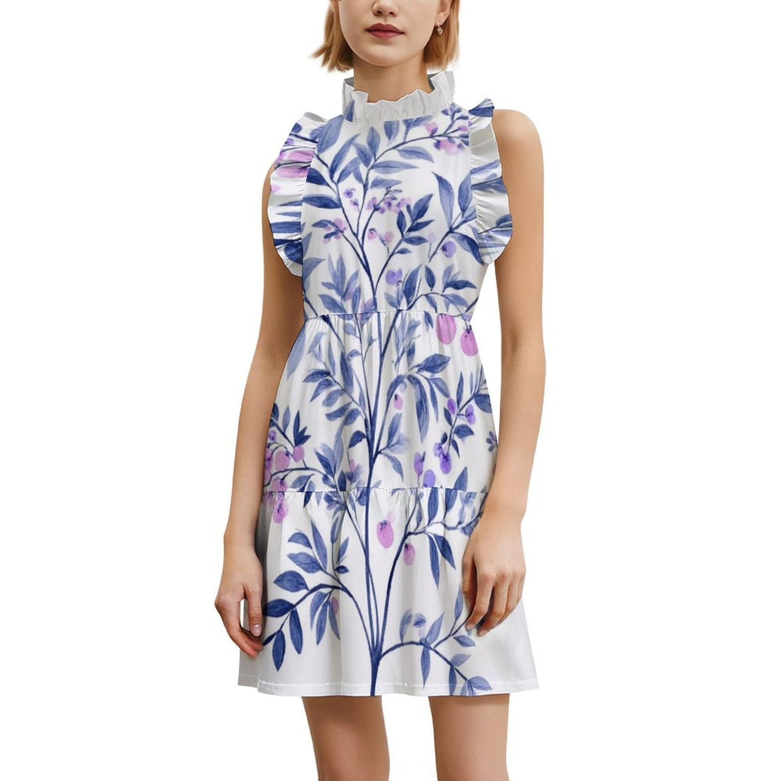 Blue Watercolor Floral Branch Women's Fashion Casual Dress Summer Stand ...
