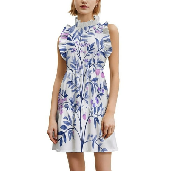 Blue Watercolor Floral Branch Women's Fashion Casual Dress Summer Stand ...