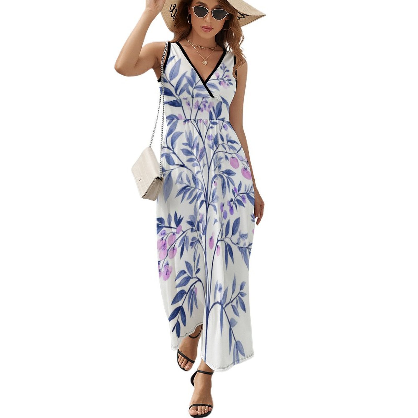 Blue Watercolor Floral Branch Womens Night Club Maxi Dress V Neck ...
