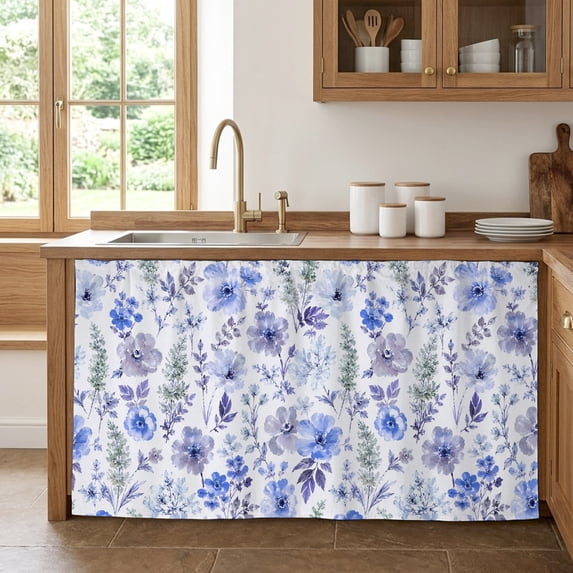 Blue Watercolor Floral Cabinet Curtains 32" W x 55" L Vintage Botanical ...