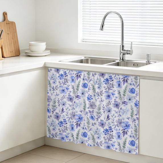 Blue Watercolor Floral Cabinet Curtains for Kitchen 11"W x 13"L ...