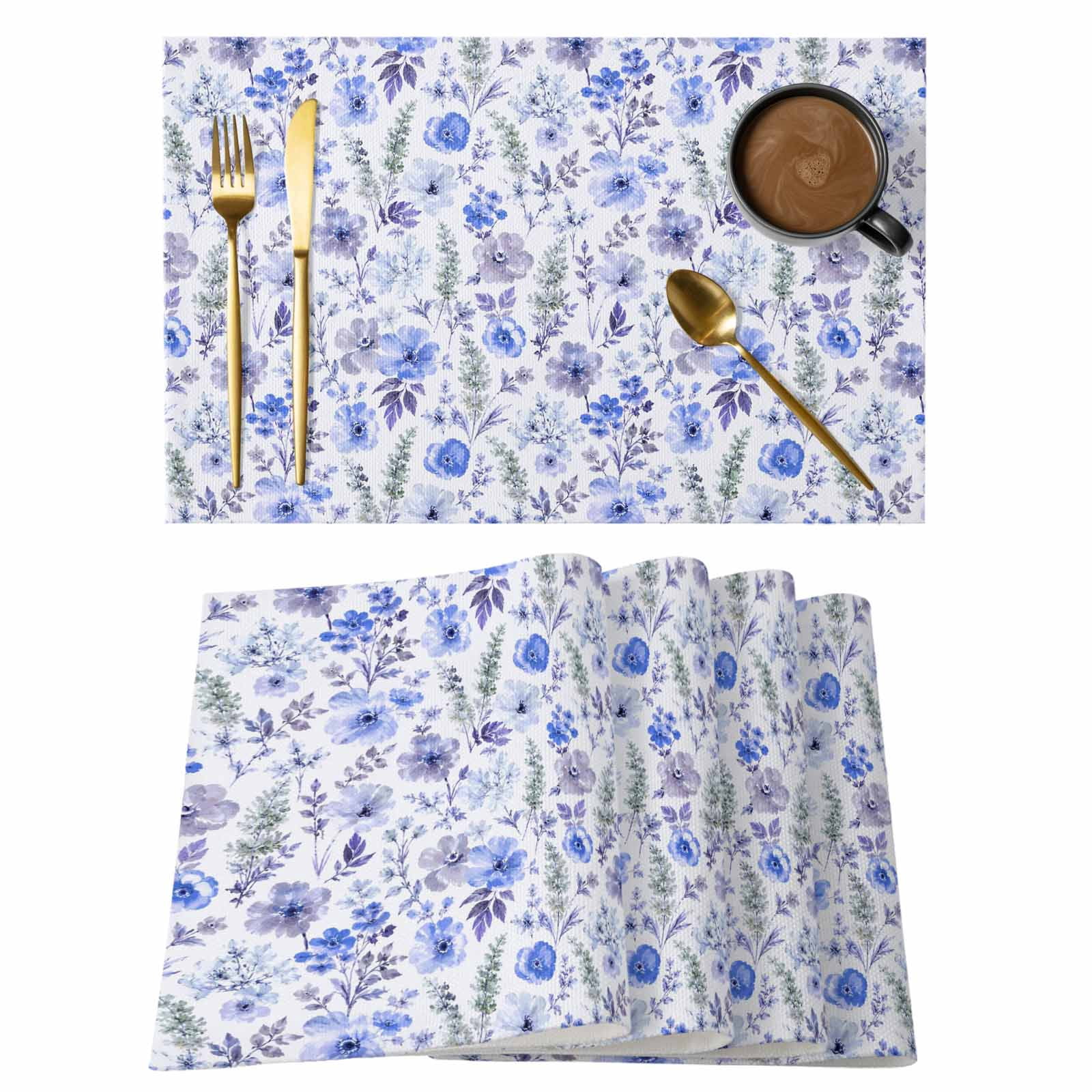 Blue Watercolor Floral Cotton Linen Placemats Set of 2, Vintage ...