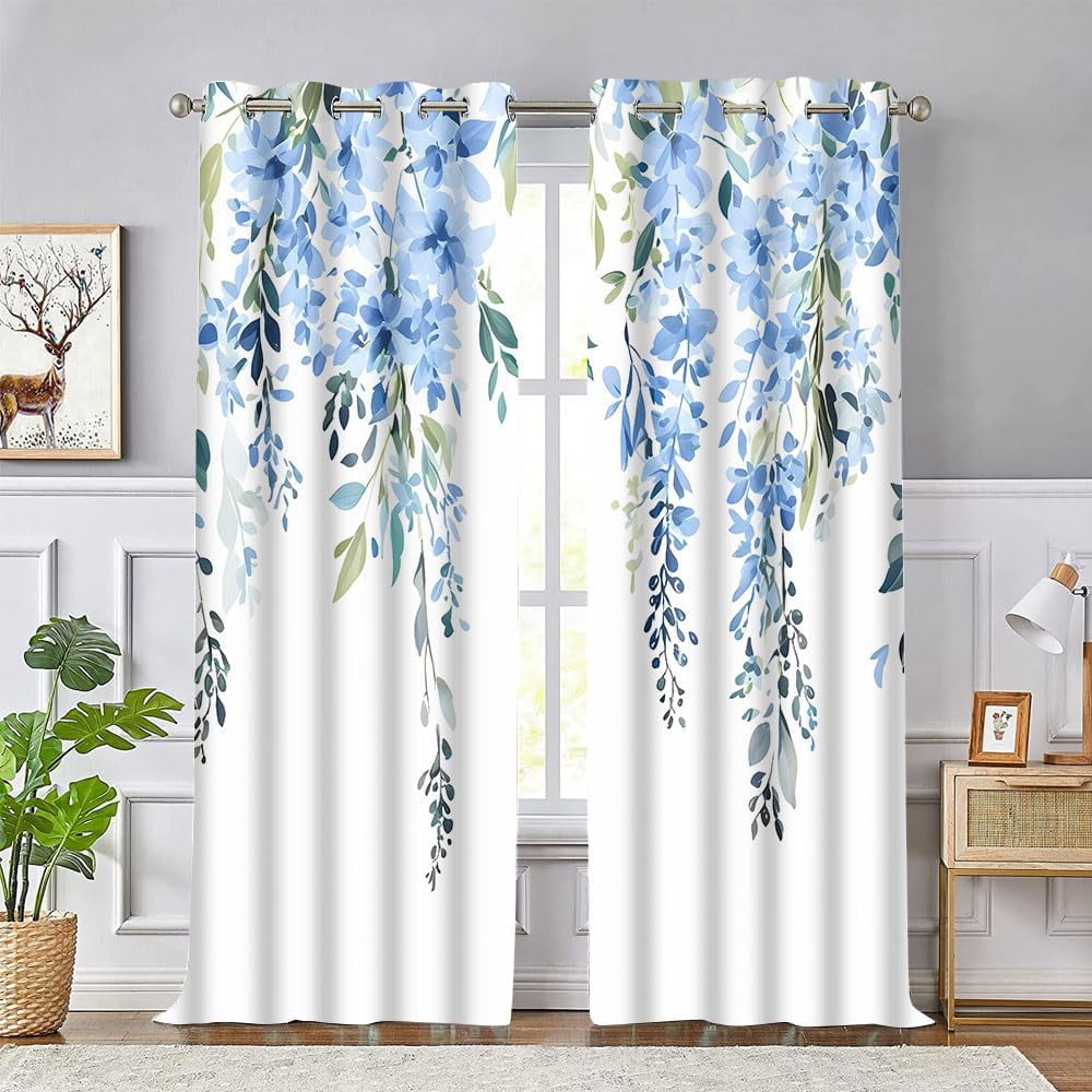 Blue Watercolor Floral Curtains, Botanical Leaves Vine Flowers Rustic ...