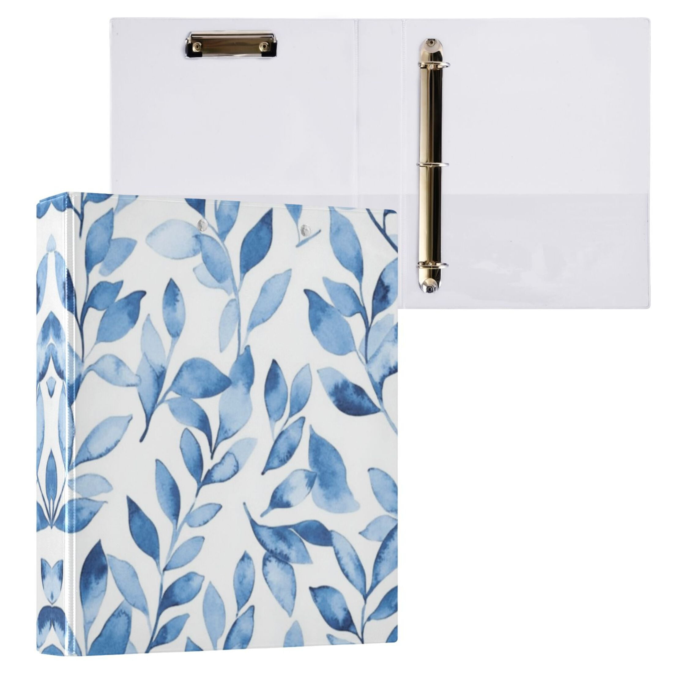 Blue Watercolor Floral Leaves 3 Ring Hardcover Binders 1.5in Round ...