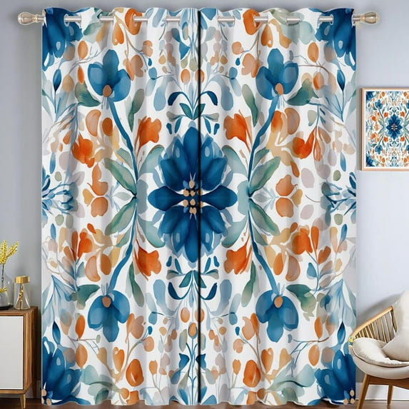 Blue Watercolor Floral Pattern Blackout Curtains Geometric Tile Pattern ...
