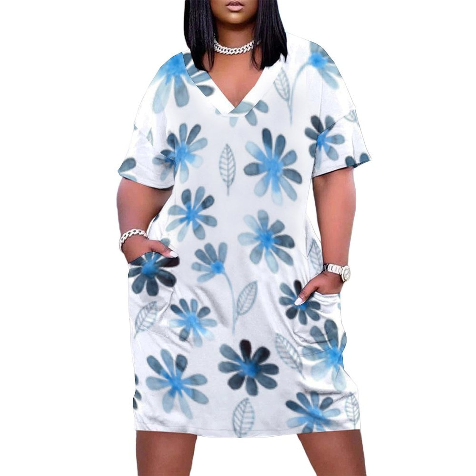 Blue Watercolor Floral Pattern Design Summer Sundress for Curve Women ...