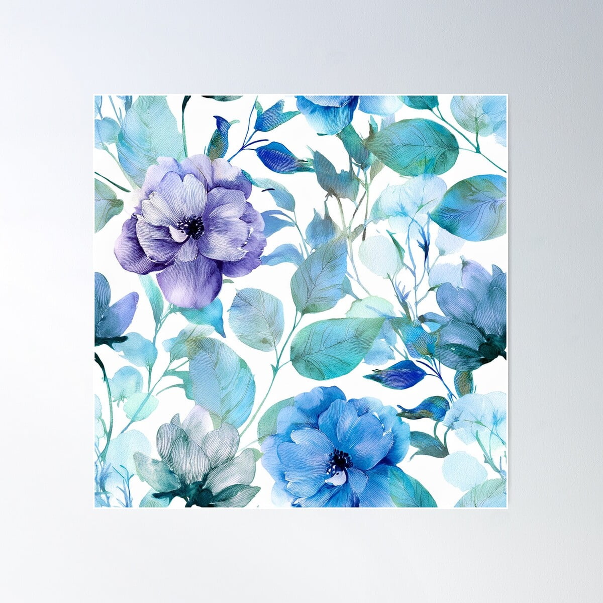 Blue Watercolor Floral Pattern Poster Wall Art, Modern Wall Decor For ...
