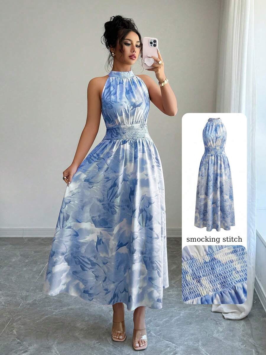 Blue Watercolor Floral Print Halter Neck Smocked Waist A-Line Maxi ...
