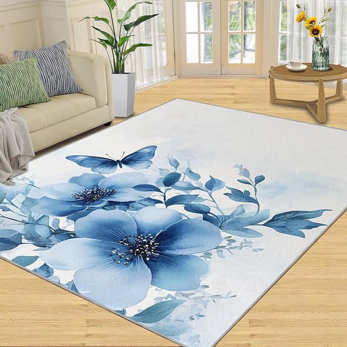 Blue Watercolor Floral Rug, Flower Butterfly Area Rugs for Bedroom ...