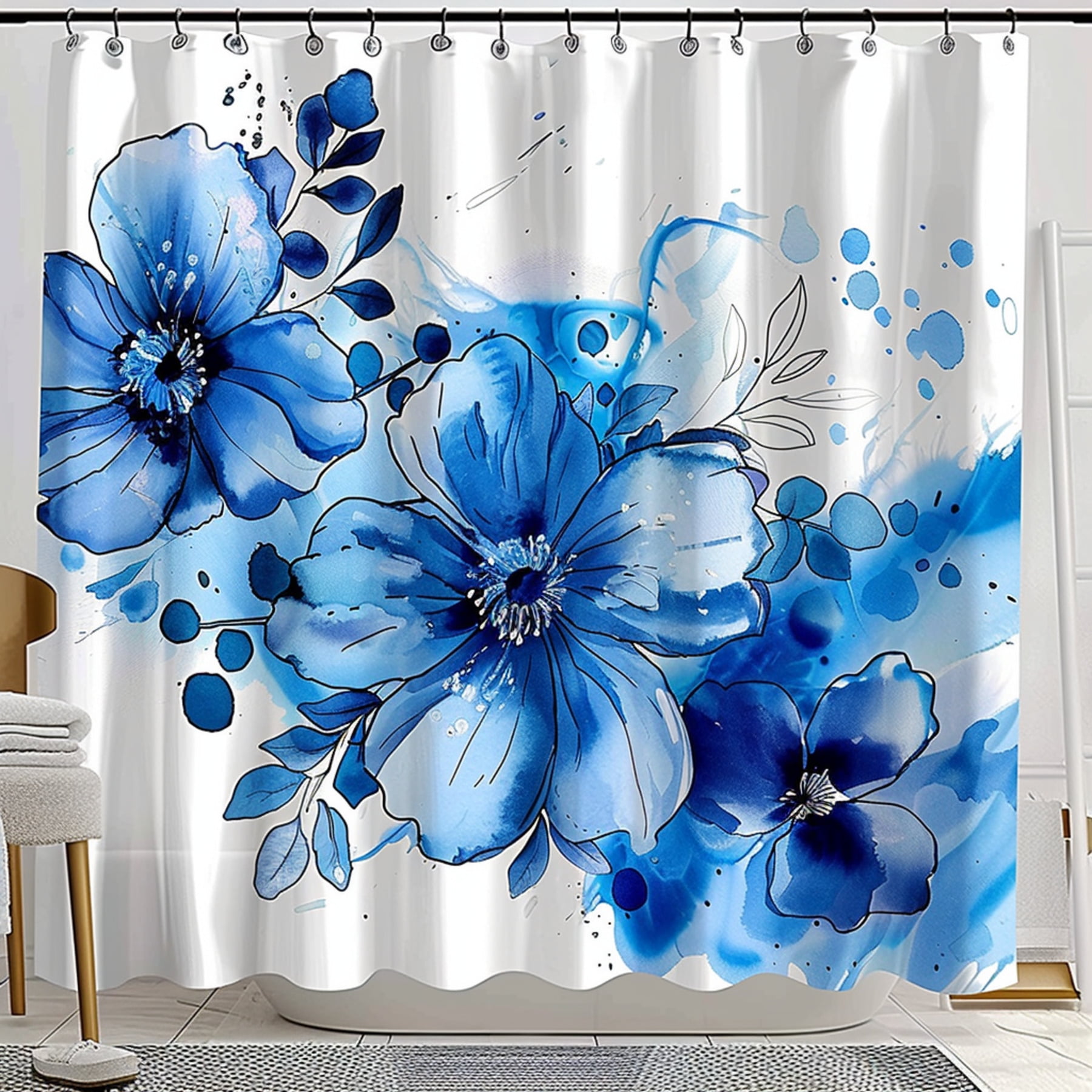 Blue Watercolor Floral Shower Curtain Flowers Bathroom Decor White