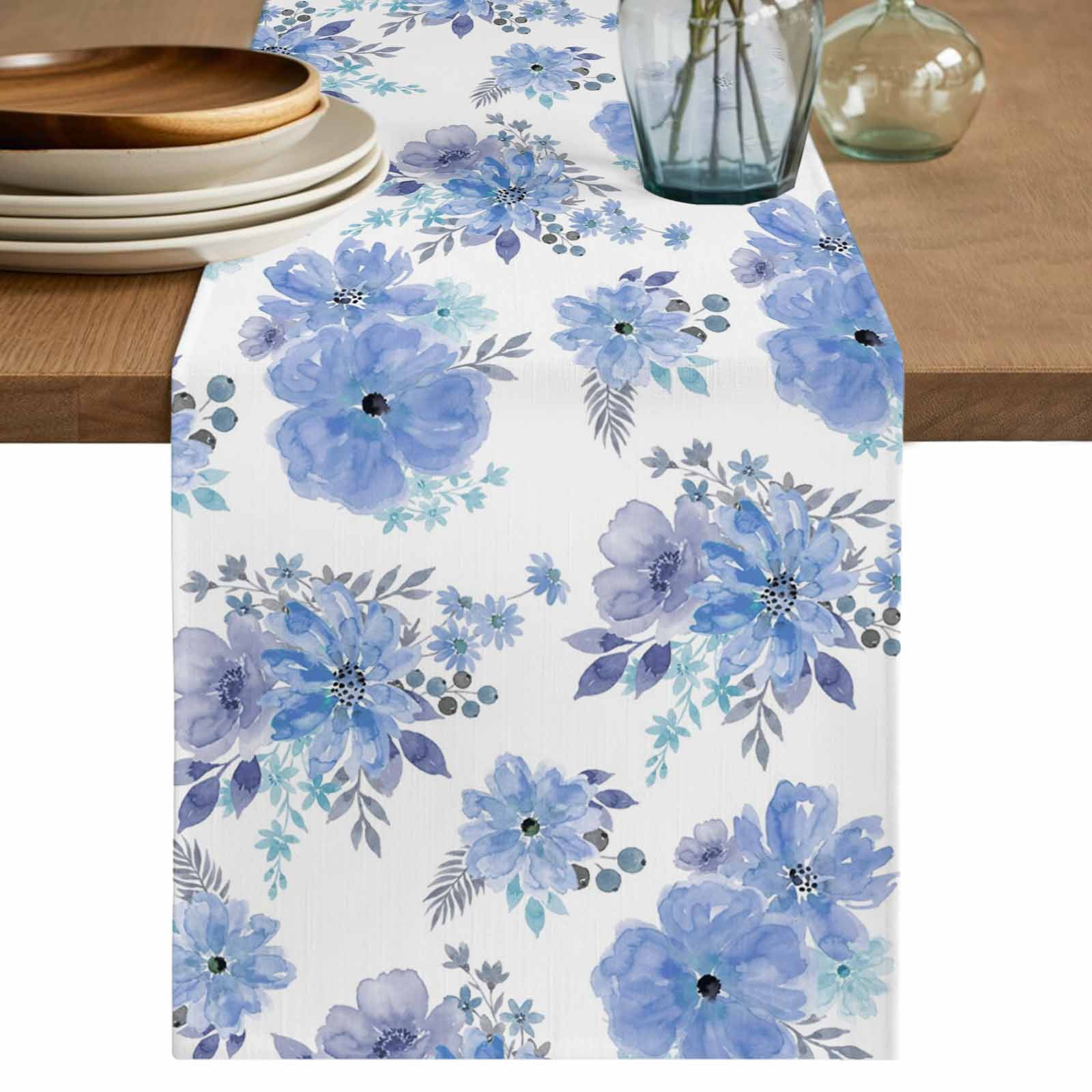 Blue Watercolor Floral Table Runner, Spring Flower Abstract Art ...