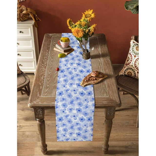 Blue Watercolor Floral Texture Table Runner Cotton Linen Wedding Table ...