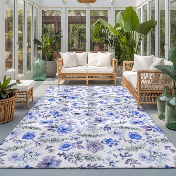 Blue Watercolor Floral Washable Area Rugs 2.7'x5', Vintage Botanical ...
