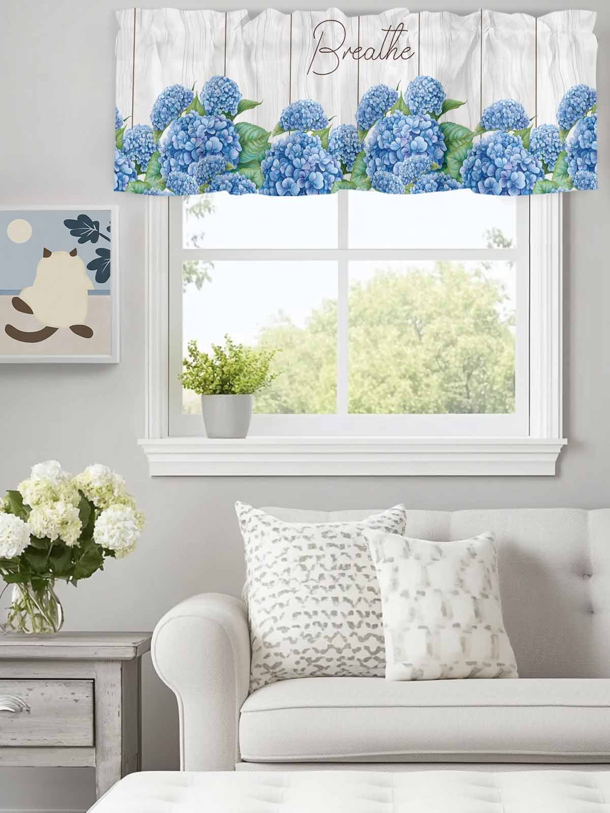 Blue Watercolor Flower Hydrangea Green Leaf Valances for Windows,Kitchen Valance Rod Pocket ...