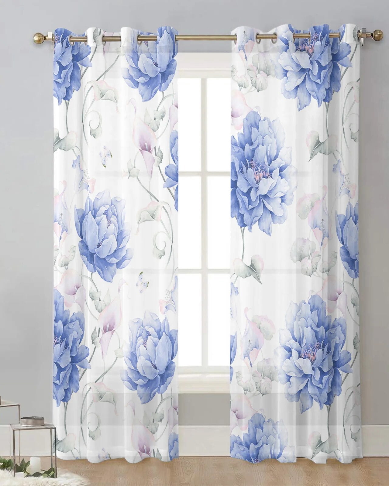 Blue Watercolor Flower Retro Tulle Drapes for Living Room Bedroom Sheer ...