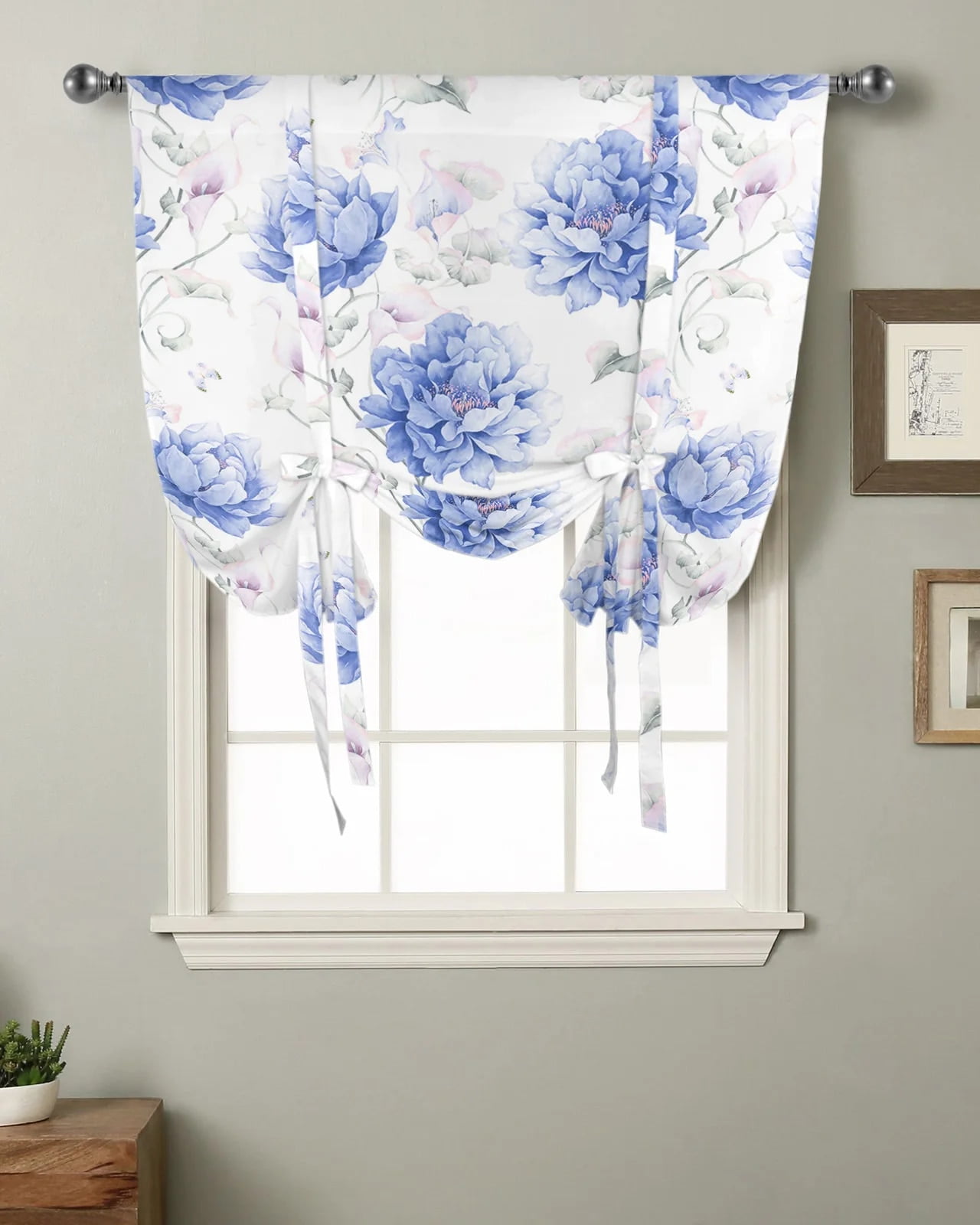 Blue Watercolor Flowers Retro White Kitchen Short Window Curtain Modern ...