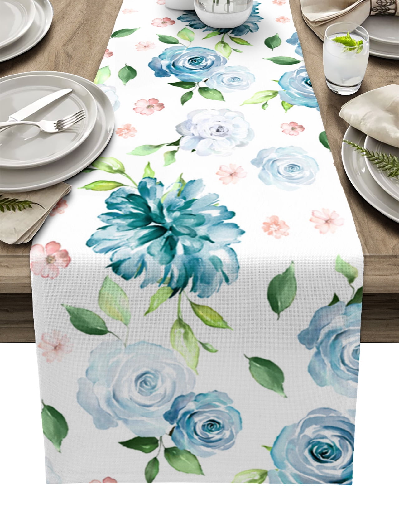 Blue Watercolor Flowers Vintage Table Runners Kitchen Table ration ...