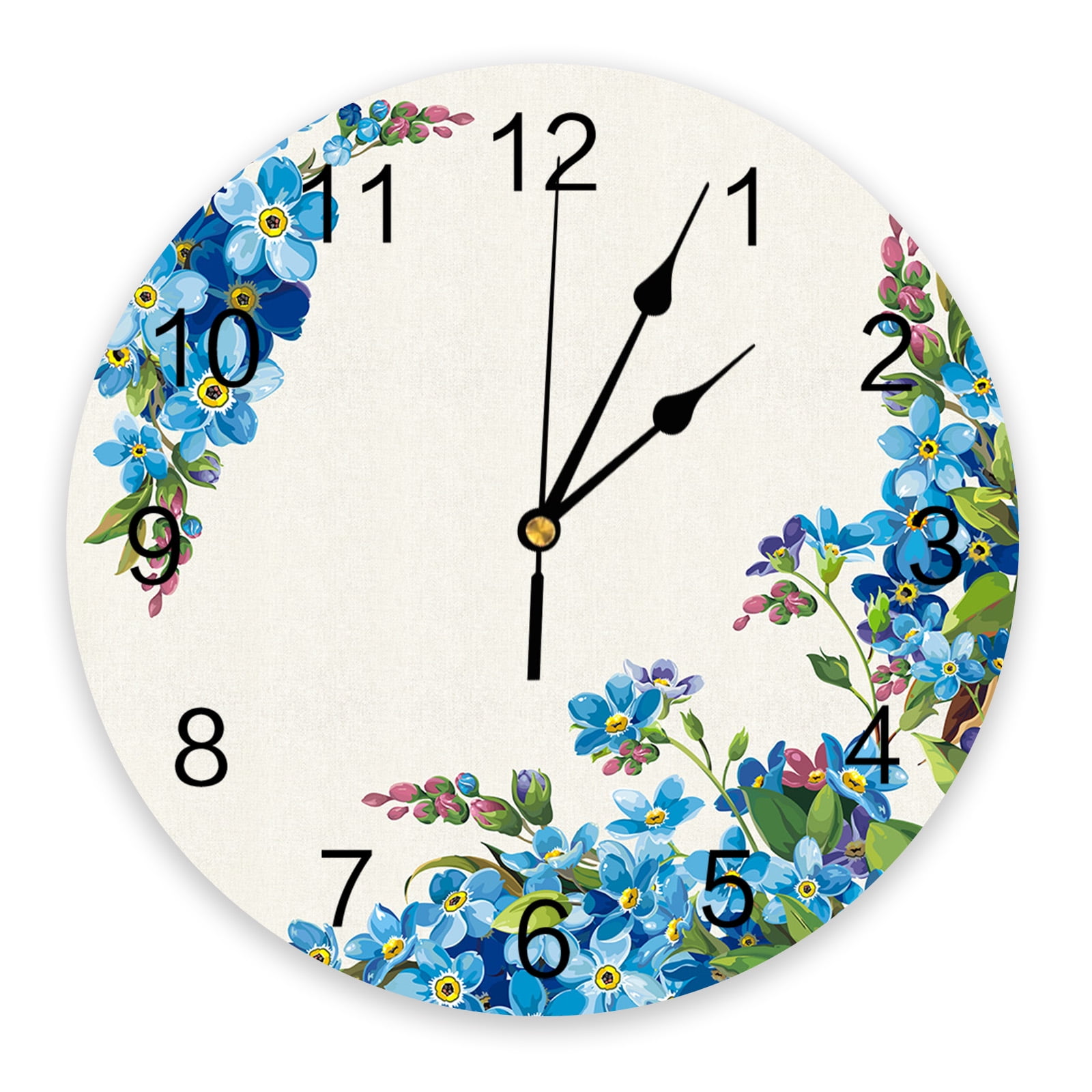 Blue Watercolor Flowers Wall Clock Large Modern Kitchen Dinning Round ...
