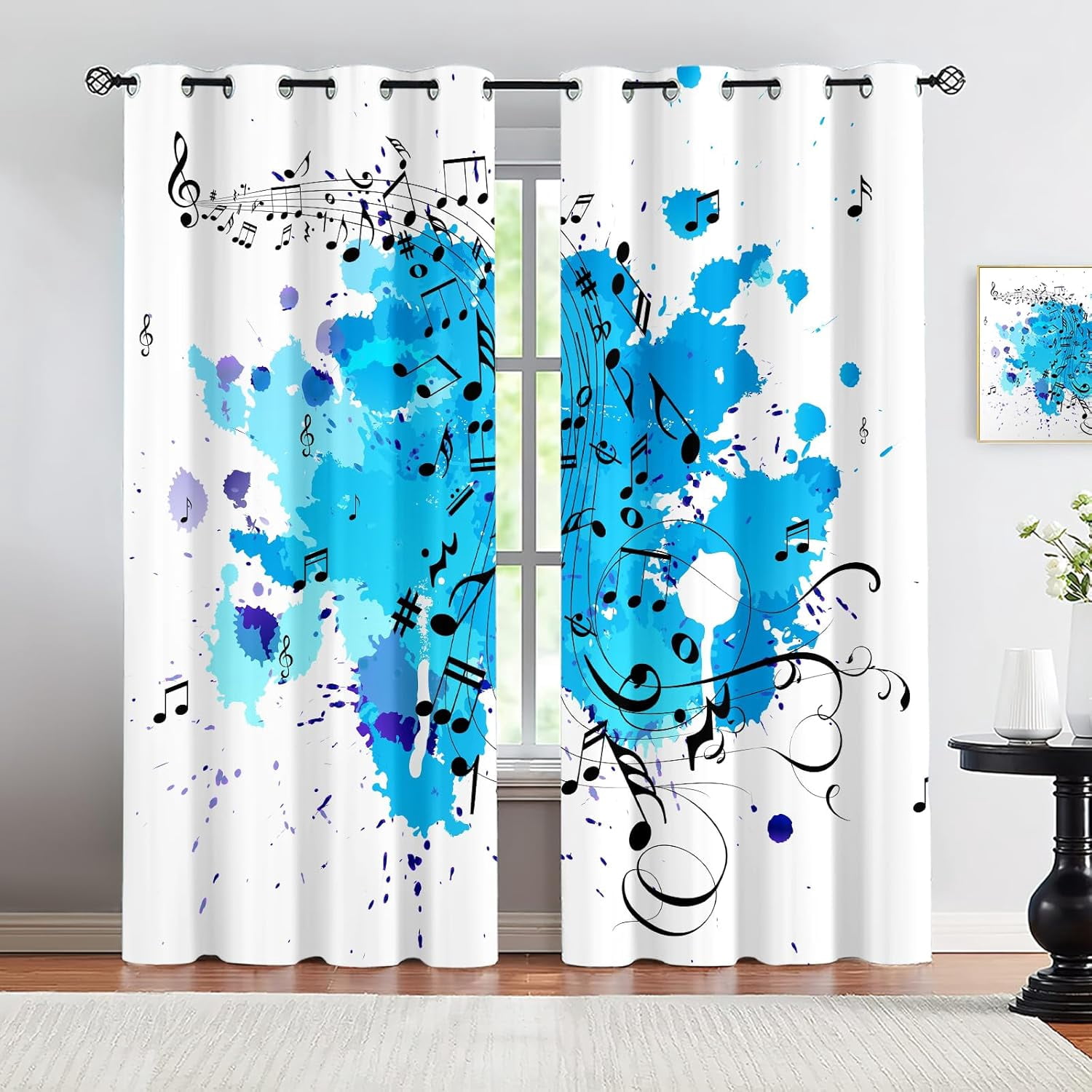 Blue Watercolor Graffiti Blackout Curtains, Abstract Music Notes Window ...