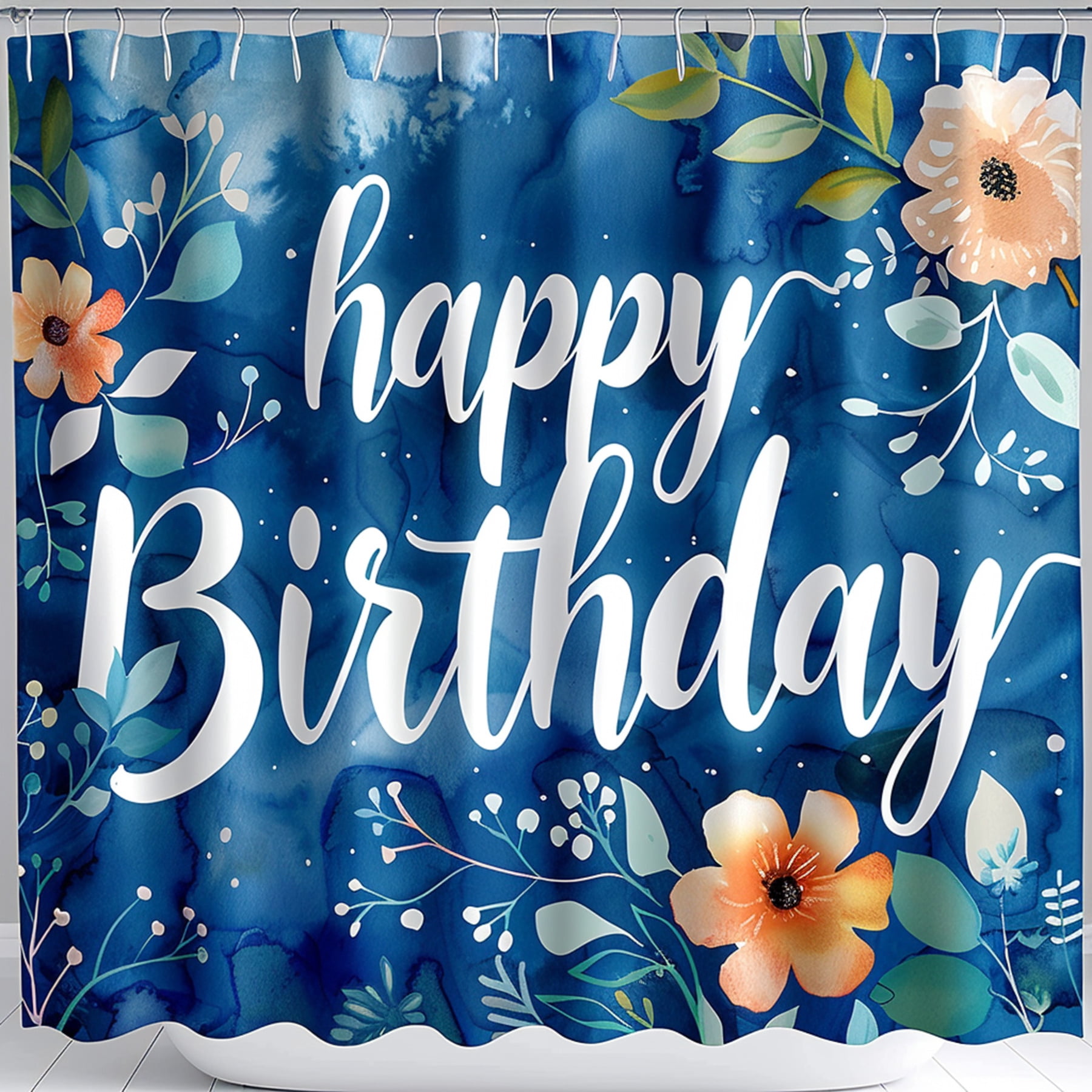 Blue Watercolor Happy Birthday Shower Curtain with White Flowers and ...