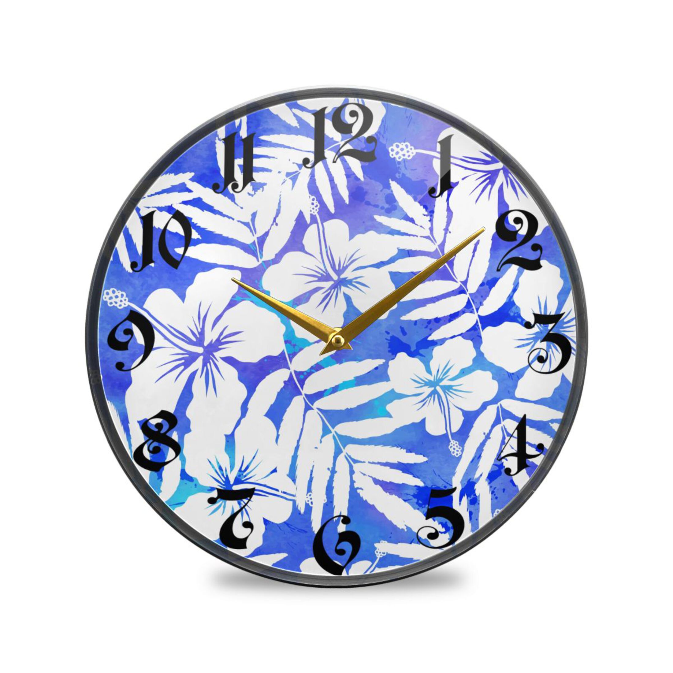 Blue Watercolor Hibiscus Acrylic Wall Clocks Quiet Round Clock Battery ...