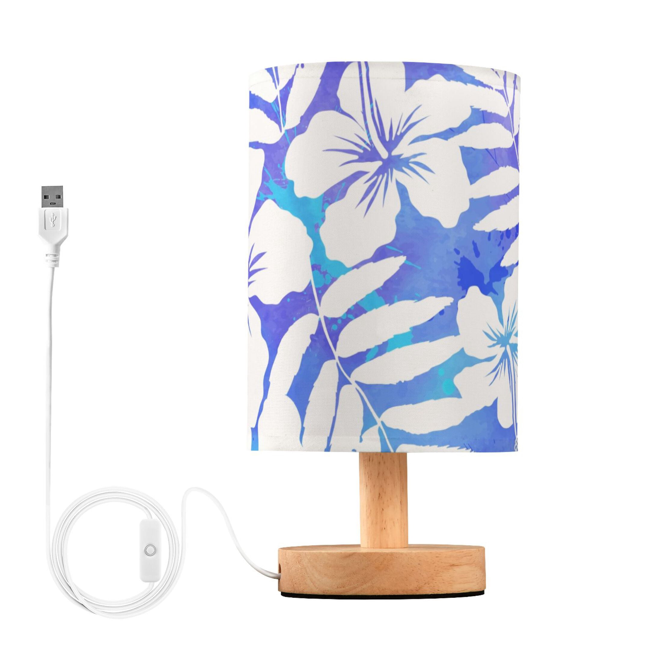Blue Watercolor Hibiscus Bedside Table Lamp LED Warm Lights with USB ...