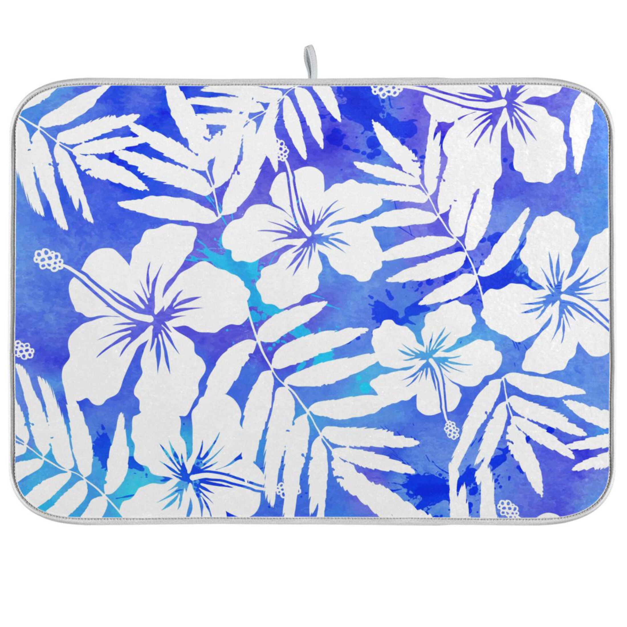Blue Watercolor Hibiscus Dish Drying Mat Microfiber Kitchen Mats Large ...