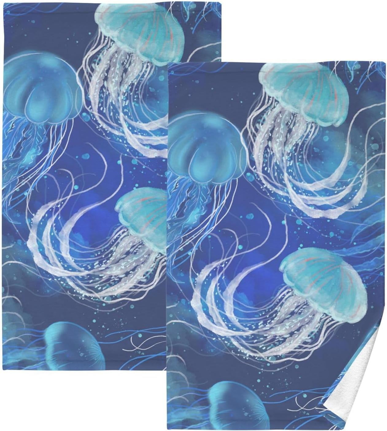 Blue Watercolor Jellyfish Patterned Hand Towels 2 PCS, Cotton Bath ...