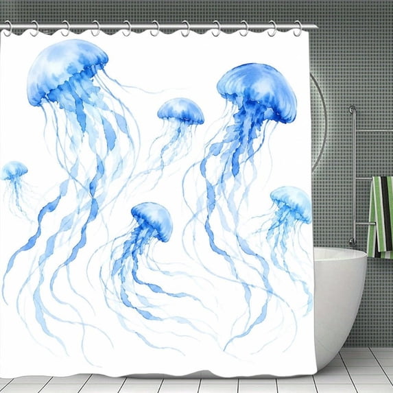 Blue Watercolor Jellyfish Swarm Print Shower Curtain,Cloth Fabric ...