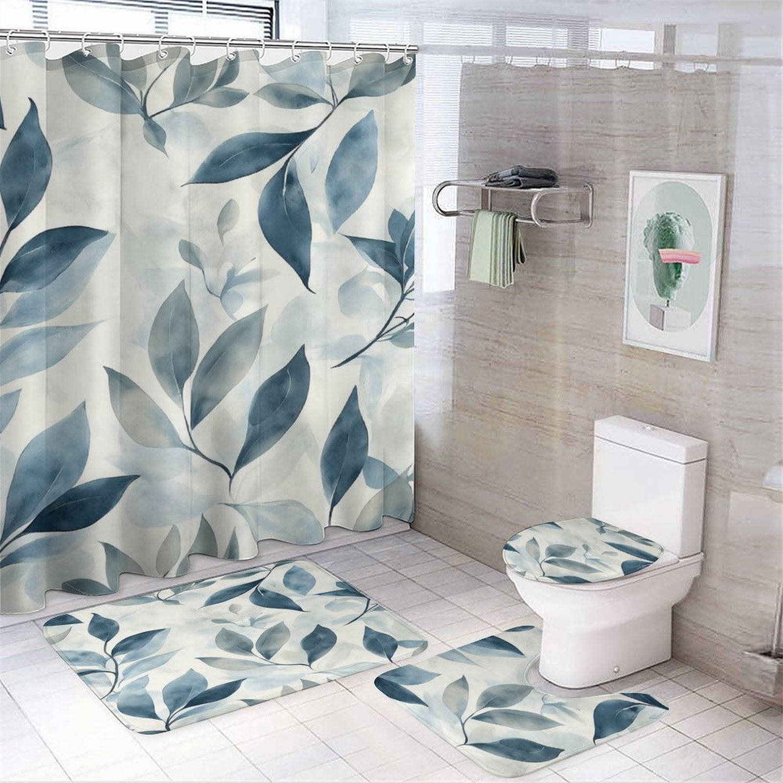 Blue Watercolor Leaf Pattern 4 Pcs Bathroom Sets with Waterproof Shower ...