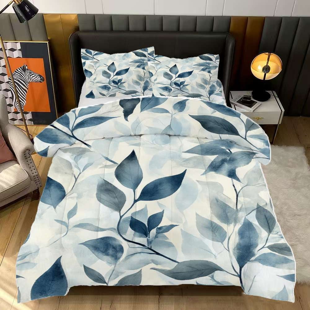 Blue Watercolor Leaf Pattern Comforter Set Full Size Bedding Set For ...