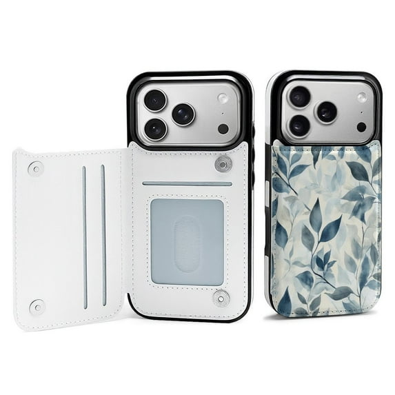 Blue Watercolor Leaf Pattern Leather Wallet Case for iPhone13 mini ...