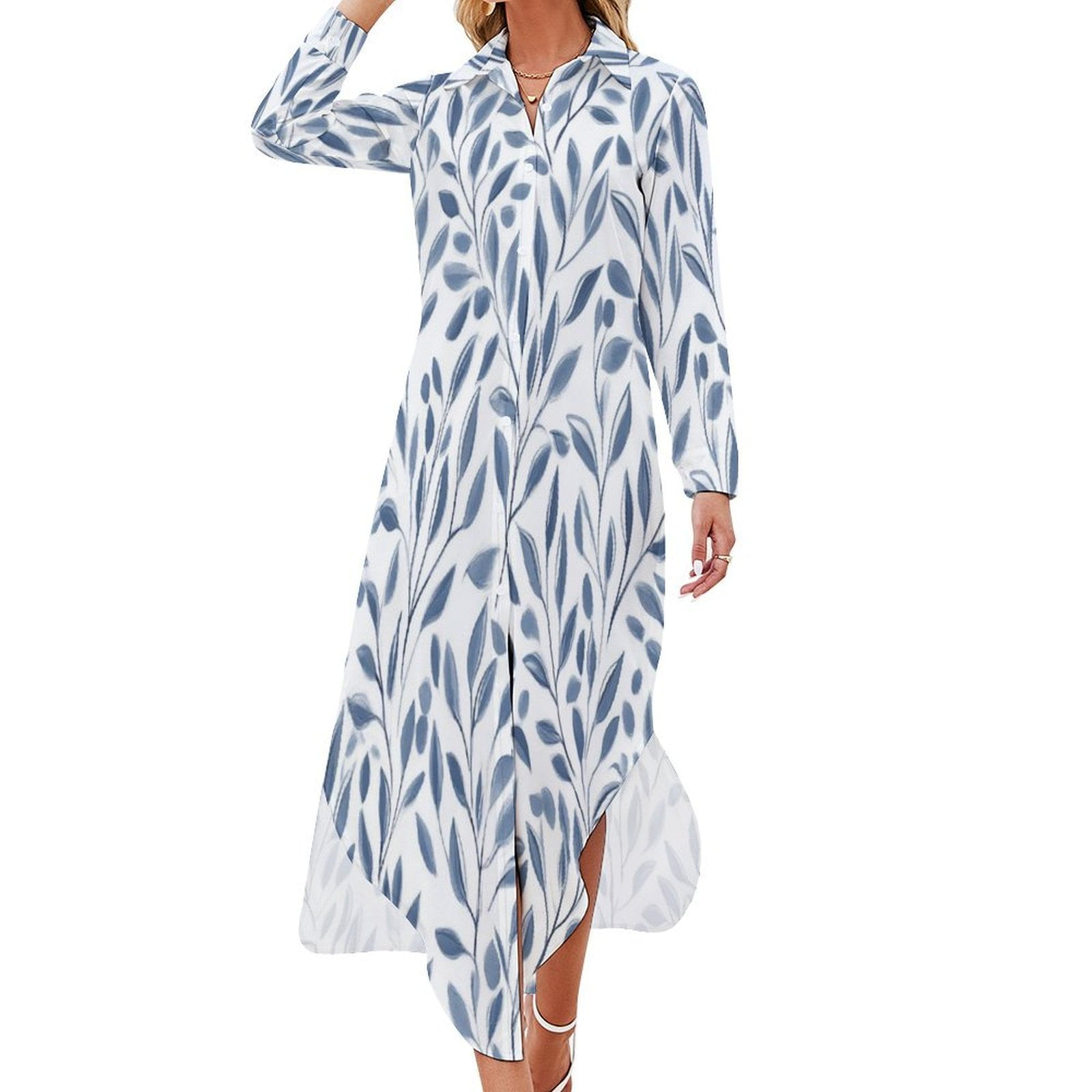 Blue Watercolor Leaf Pattern Shirt Dress Long Sleeve Street Fashion V Neck Oversized Casual ...