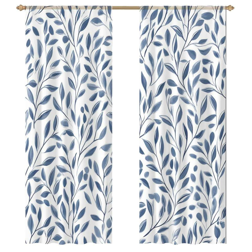 Blue Watercolor Leaf Pattern Tulle Curtains For Living Room Chiffon ...