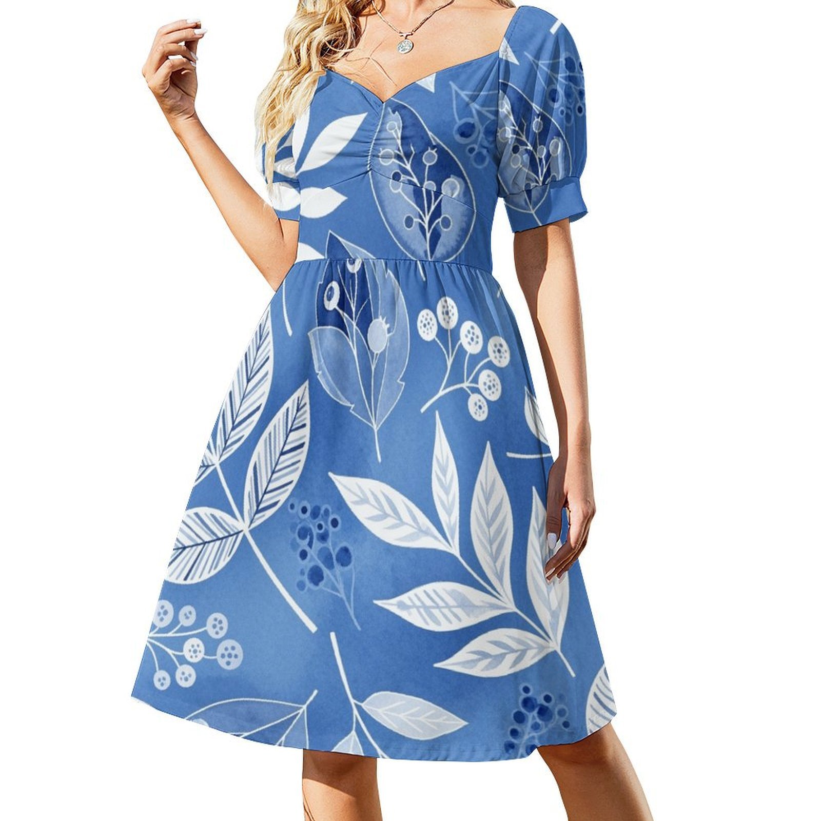 Blue Watercolor Leaves Berry Pattern Short Sleeve Dress Clothes Women's ...
