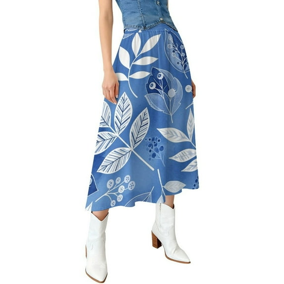 Blue Watercolor Leaves Berry Pattern Women High Waist Midi Skirt ...