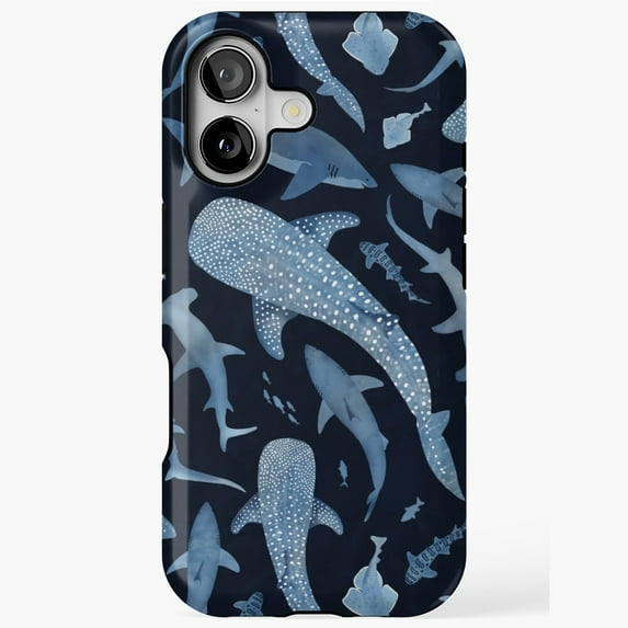Blue Watercolor Shark Minimalist Black Phone Case with iPhone 17 to 11 ...