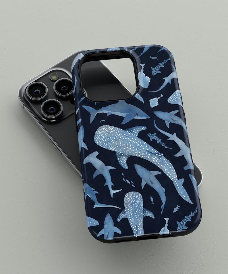 Blue Watercolor Shark Ocean Phone Case for iPhone 11 12 13 14 15 16 17 ...