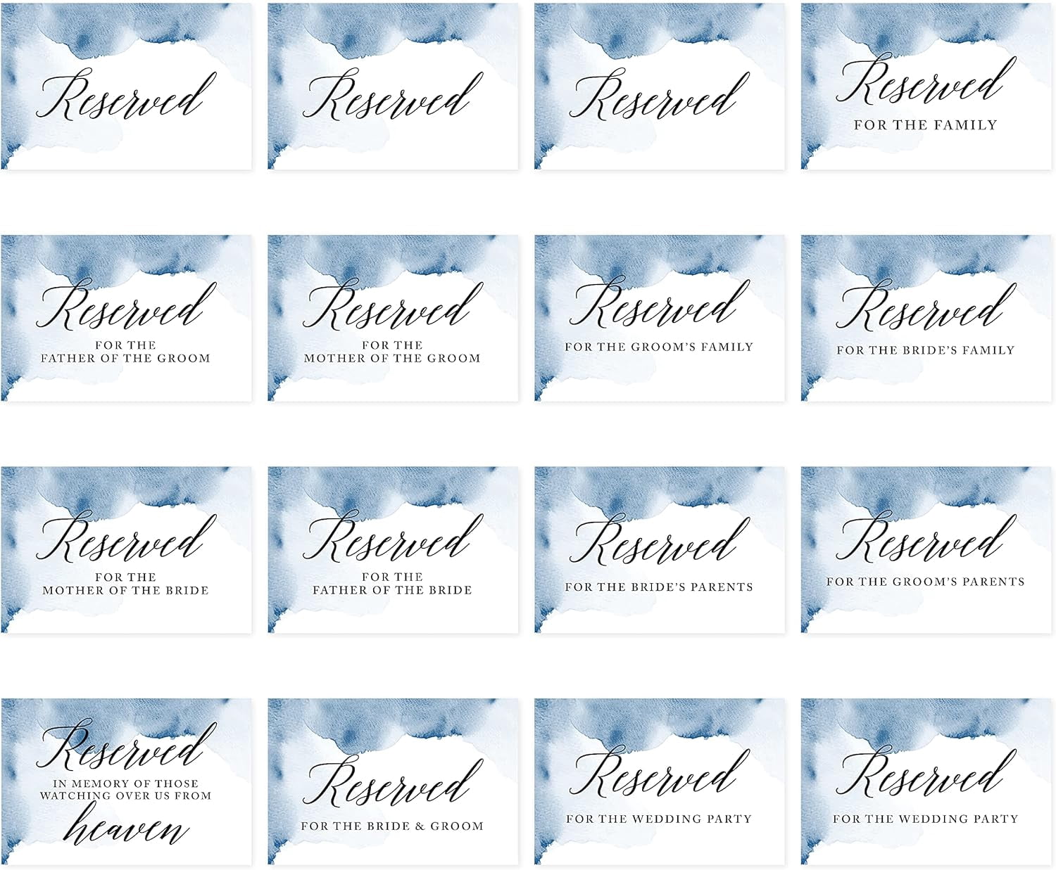 Blue Watercolor Table Reserved Signs for Wedding Reception, Ceremony, 4 ...