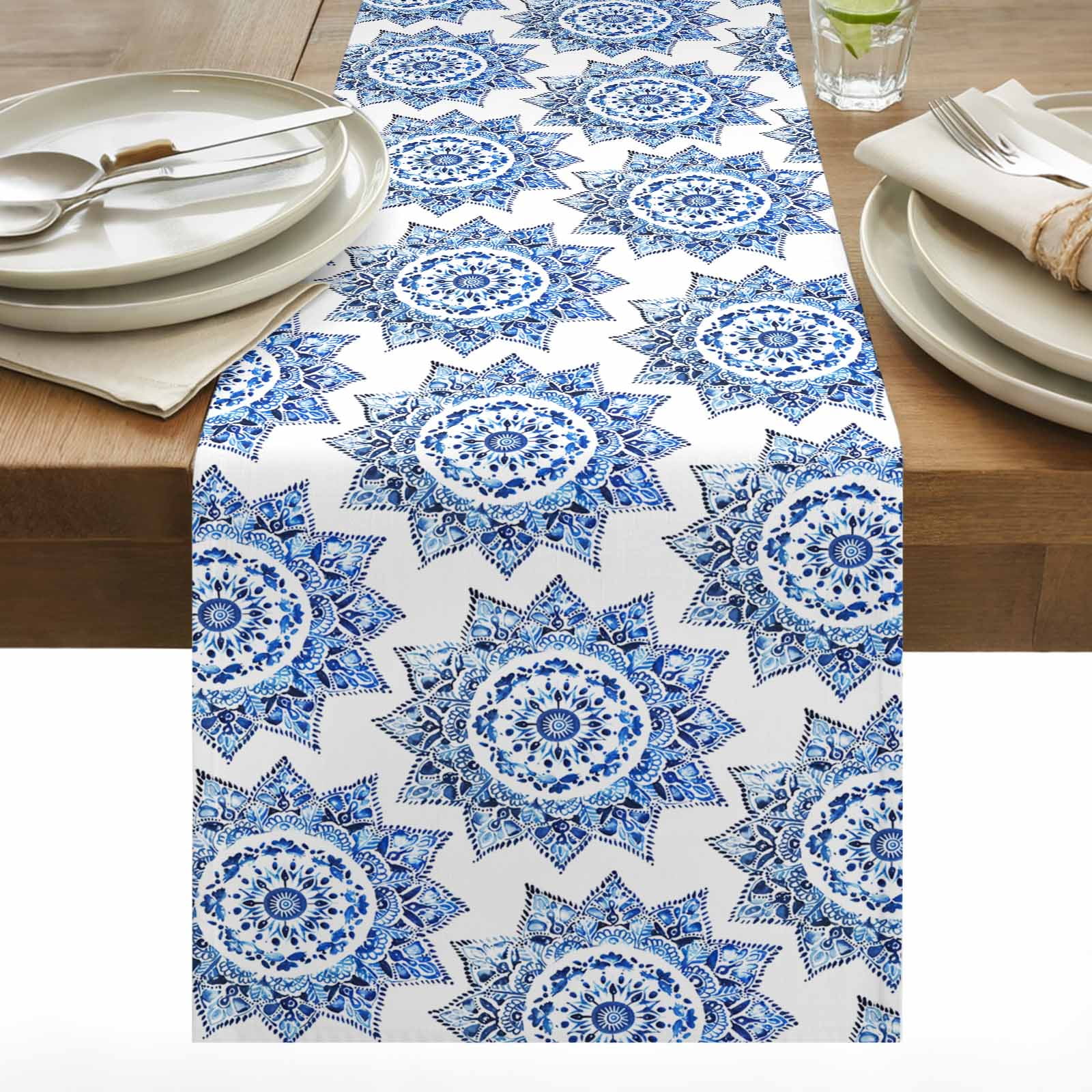 Blue Watercolor Table Runner 13x120 inch Geometric Floral Pattern Cotton Linen Dining Table ...