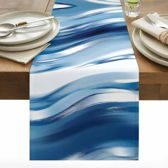 Blue Watercolor Table Runner 13x36 inch Retro Ripple Cotton Linen ...