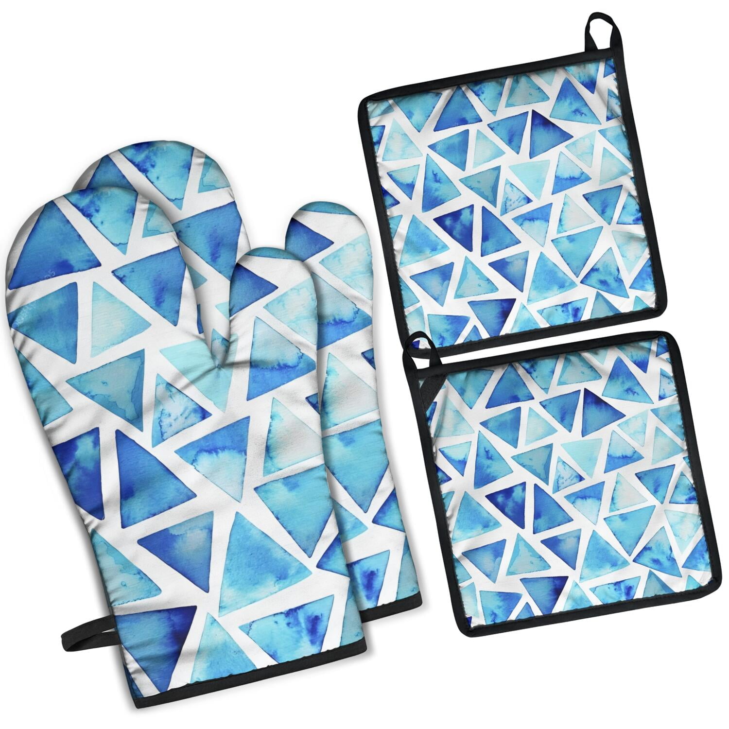 Blue Watercolor Triangle Pattern Kitchen Oven Mitt and Pot Holder Sets ...