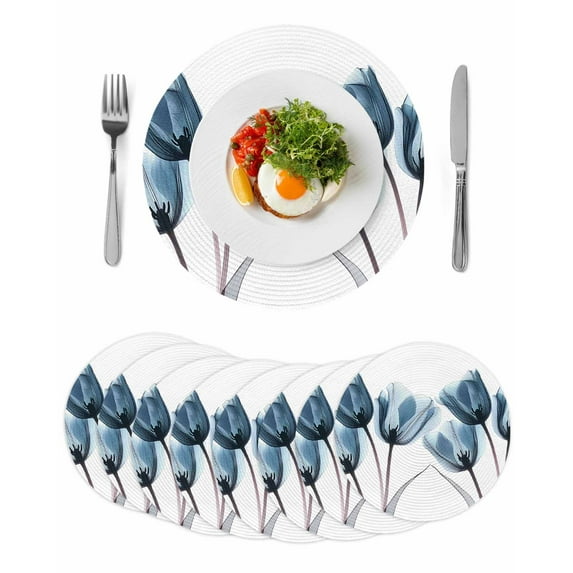 Blue Watercolor Tulip Floral Round Table Placemats set of 8, Abstract ...