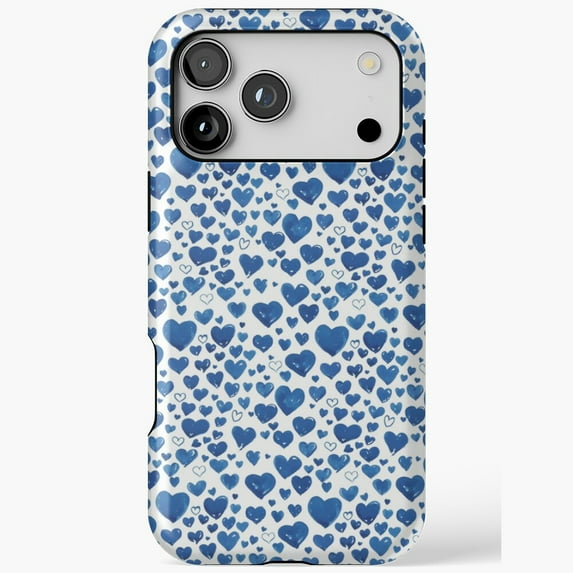 Blue Watercolour Heart Pattern Art iPhone Case 17 11 12 13 14 15 16 Pro ...