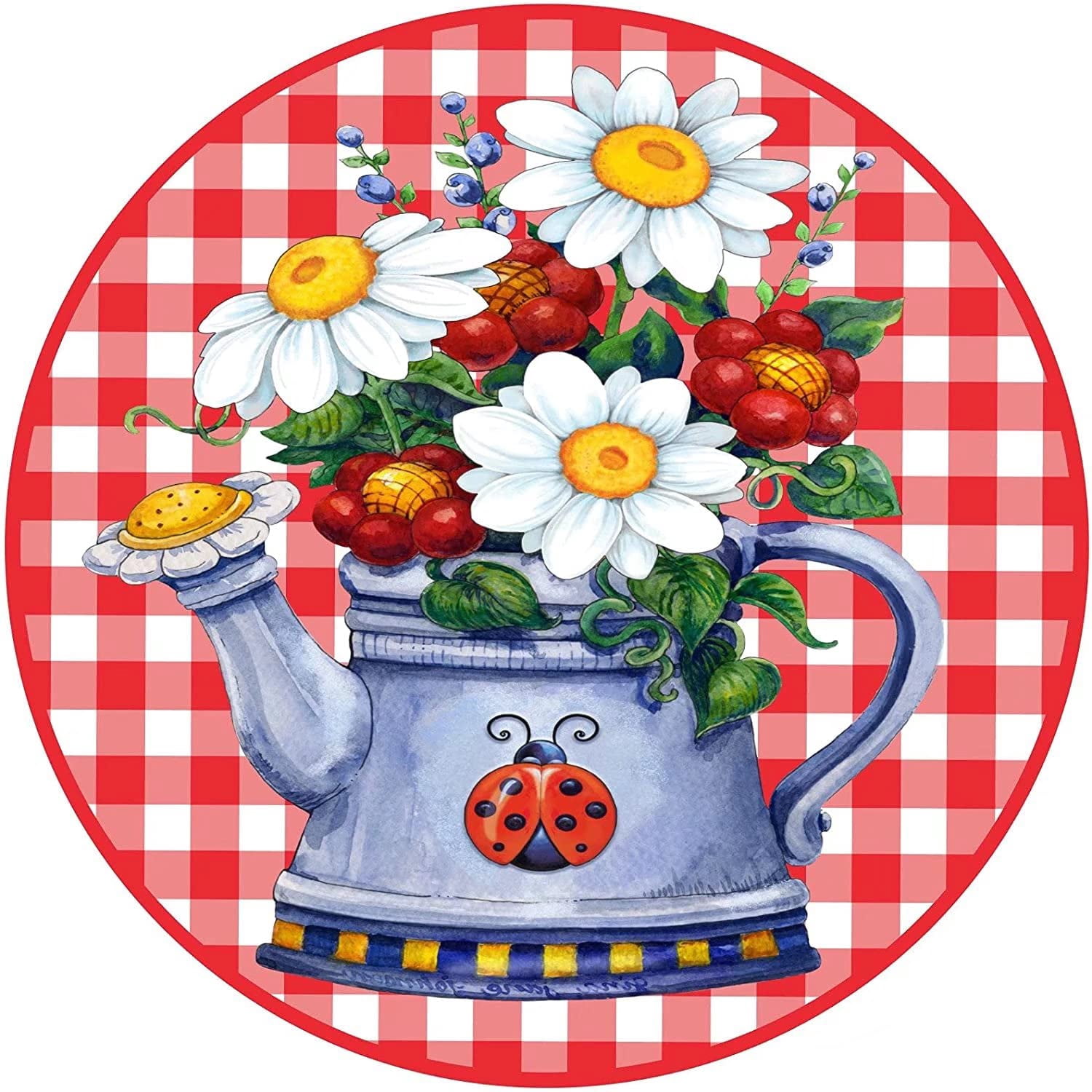 Blue Watering Can With Ladybug And Daisies Wreath Decorations Porch ...