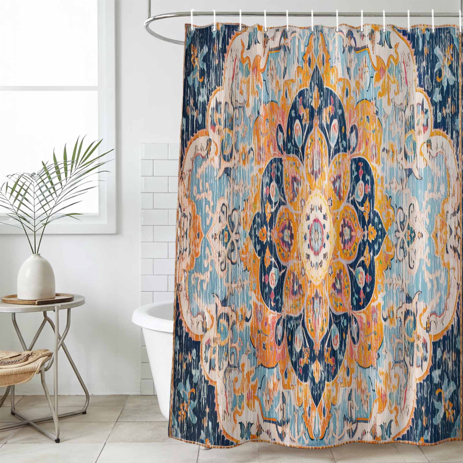 Blue Waterproof Fabric Shower Curtain,Ethnic Middle Century Geometric ...