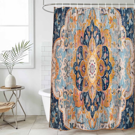 Blue Waterproof Fabric Shower Curtain,Ethnic Middle Century Geometric ...